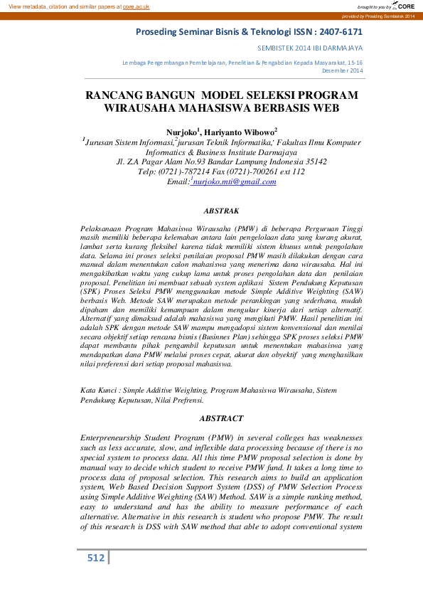 (PDF) Rancang Bangun Model Seleksi Program Wirausaha Mahasiswa Berbasis Web