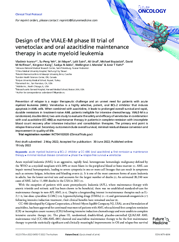 (PDF) Design of the VIALE-M phase III trial of venetoclax and oral ...