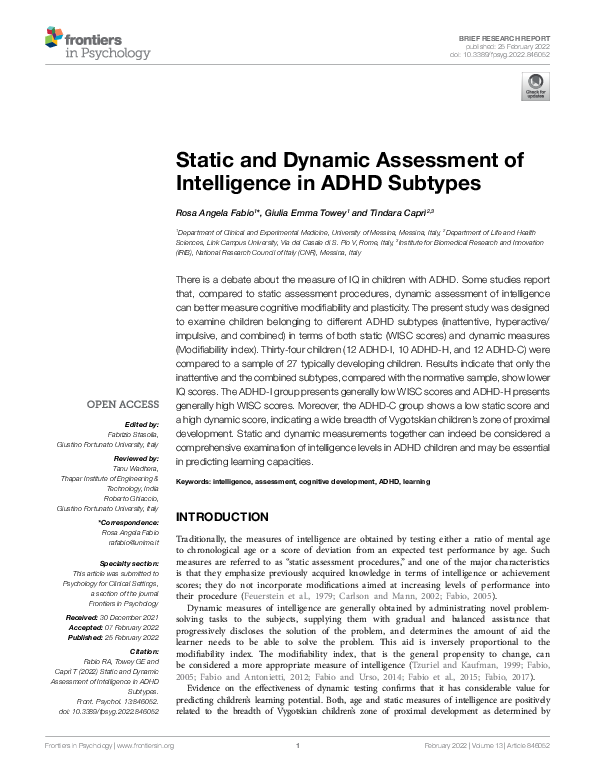 (PDF) Static and Dynamic Assessment of Intelligence in ADHD Subtypes