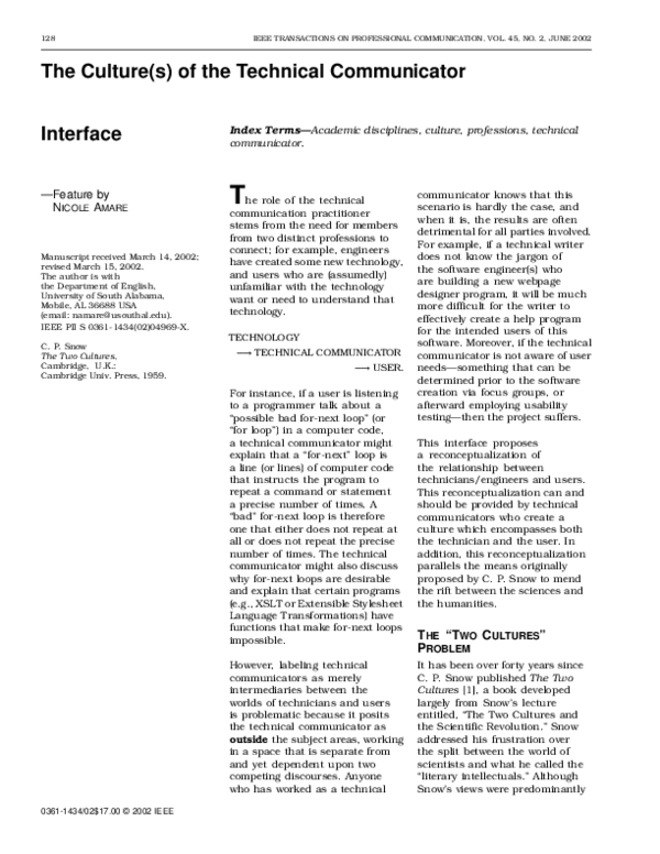 (PDF) The culture(s) of the technical communicator