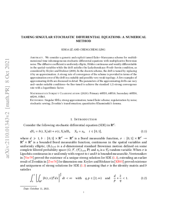 Pdf Taming Singular Stochastic Differential Equations A Numerical Method
