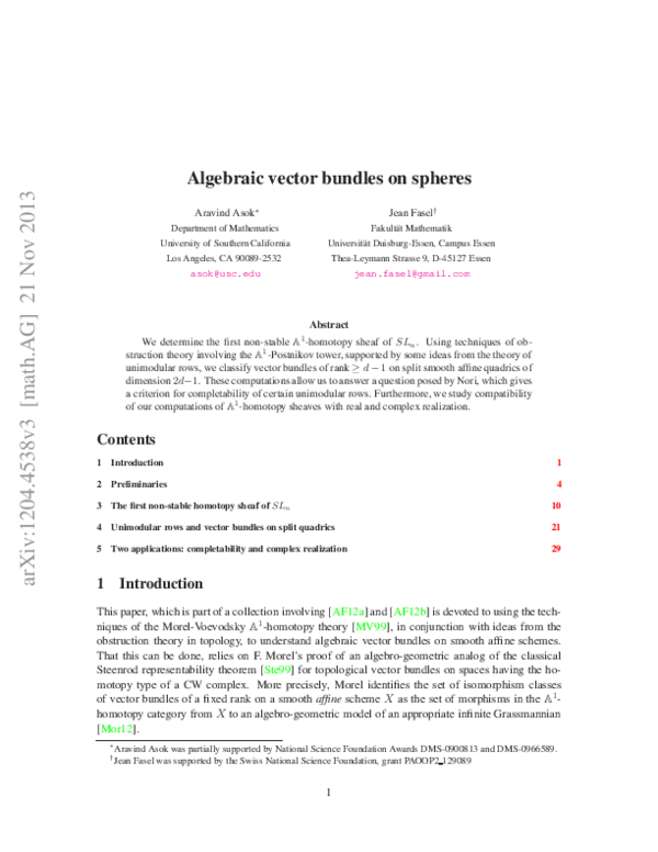 (PDF) Algebraic vector bundles on spheres