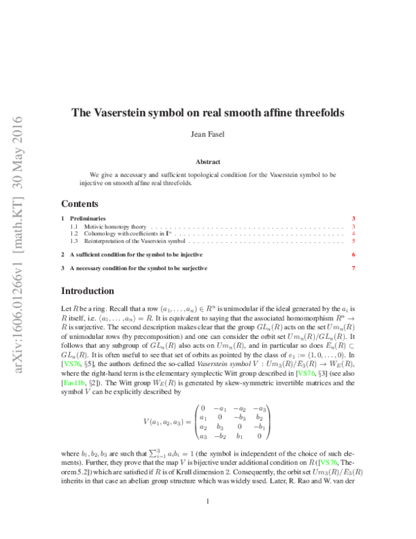 (PDF) The Vaserstein symbol on real smooth affine threefolds