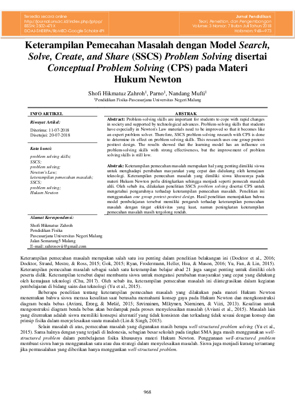 (PDF) Keterampilan Pemecahan Masalah dengan Model Search, Solve, Create, and Share (SSCS ...