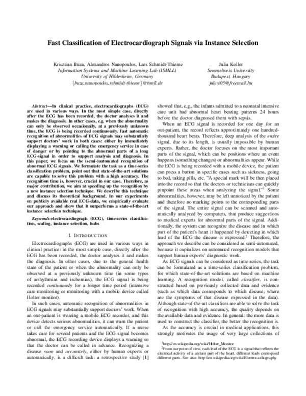 Pdf Fast Classification Of Electrocardiograph Signals Via Instance Selection
