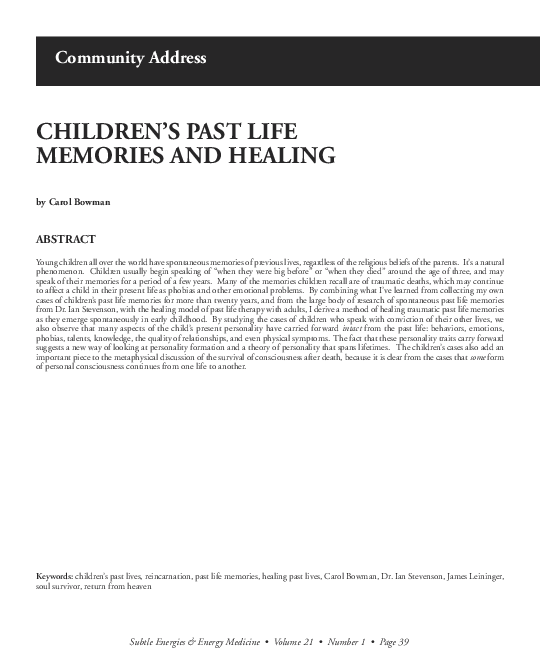 (PDF) Children’s Past Life Memories and Healing