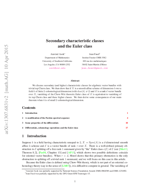 (PDF) Motivic secondary characteristic classes and the Euler class | Jean Fasel - Academia.edu