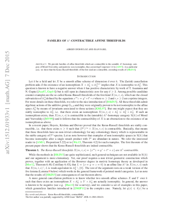 (PDF) Families of $\mathbb{A}^1$-contractible affine threefolds | Jean ...