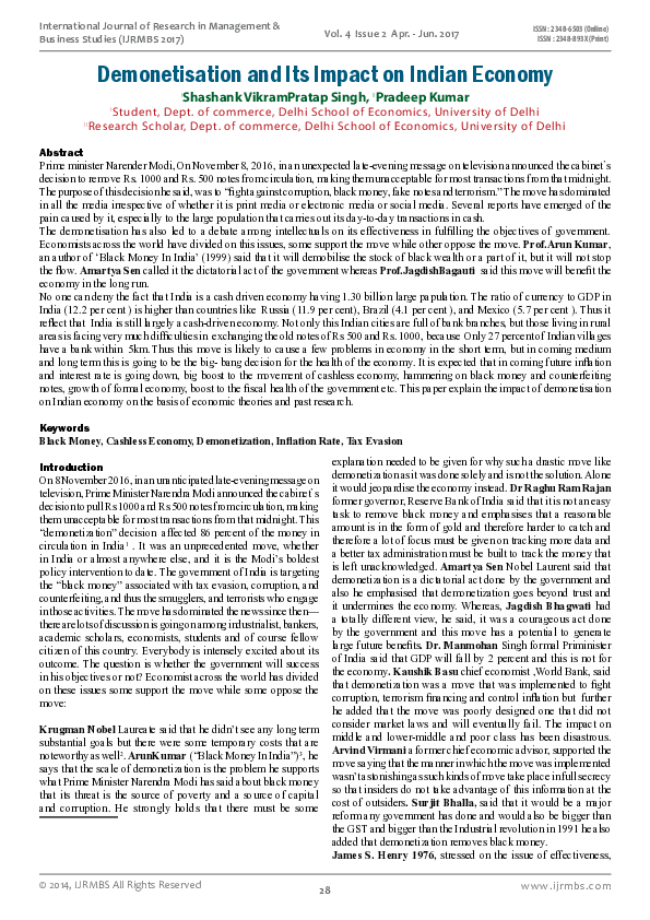 (PDF) Demonetisation and its impact on Indian economy