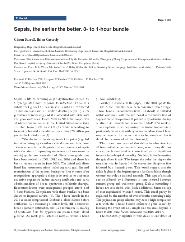 (PDF) Sepsis, the earlier the better, 3- to 1-hour bundle