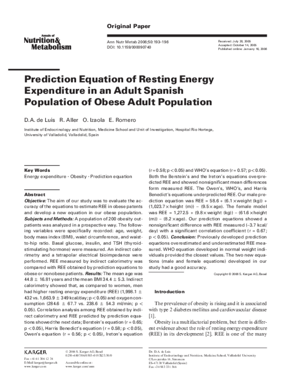 (PDF) Prediction Equation of Resting Energy Expenditure in an Adult ...