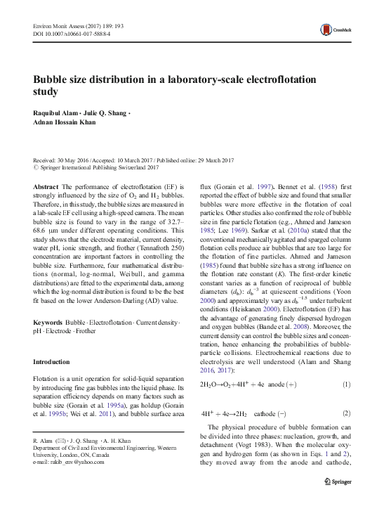 (PDF) Bubble size distribution in a laboratory-scale electroflotation study