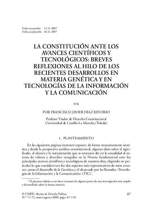 (PDF) La Constitución ante los avances científicos y tecnológicos: breves reflexiones al hilo de ...