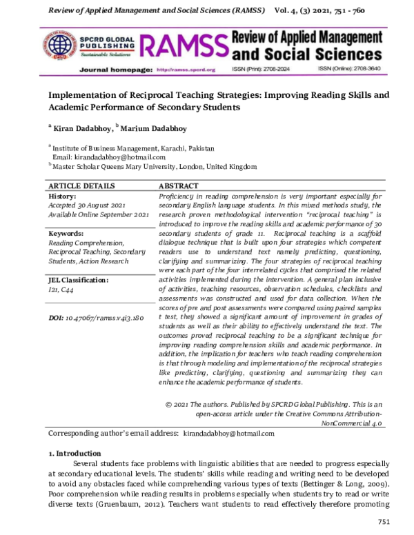 (PDF) Implementation of Reciprocal Teaching Strategies: Improving Reading Skills and Academic ...