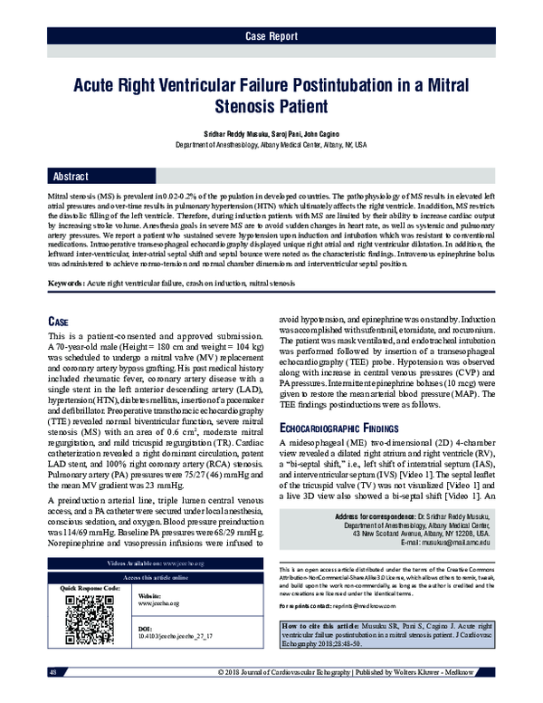 (PDF) Acute Right Ventricular Failure Postintubation in a Mitral ...