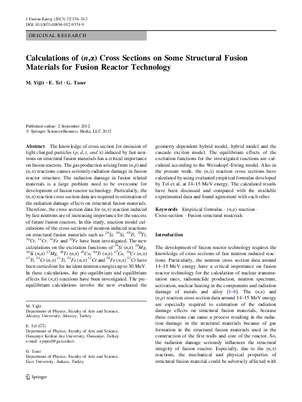 (PDF) Calculations of (n,α) Cross Sections on Some Structural Fusion ...