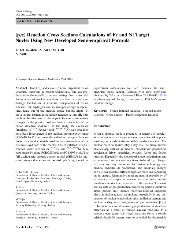(PDF) (p,α) Reaction Cross Sections Calculations of Fe and Ni Target ...