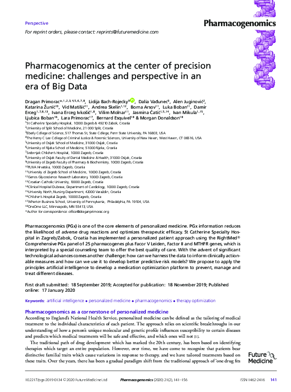 (PDF) Pharmacogenomics at the center of precision medicine: challenges ...