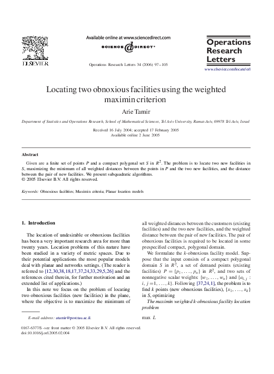 (PDF) Locating two obnoxious facilities using the weighted maximin criterion