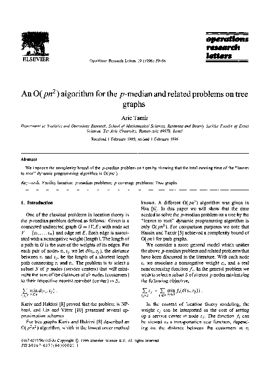 (PDF) An O(pn2) algorithm for the p-median and related problems on tree graphs