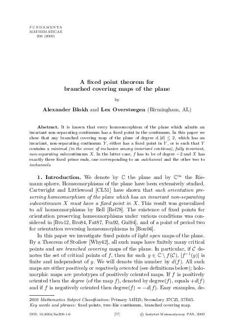 (PDF) A fixed point theorem for branched covering maps of the plane