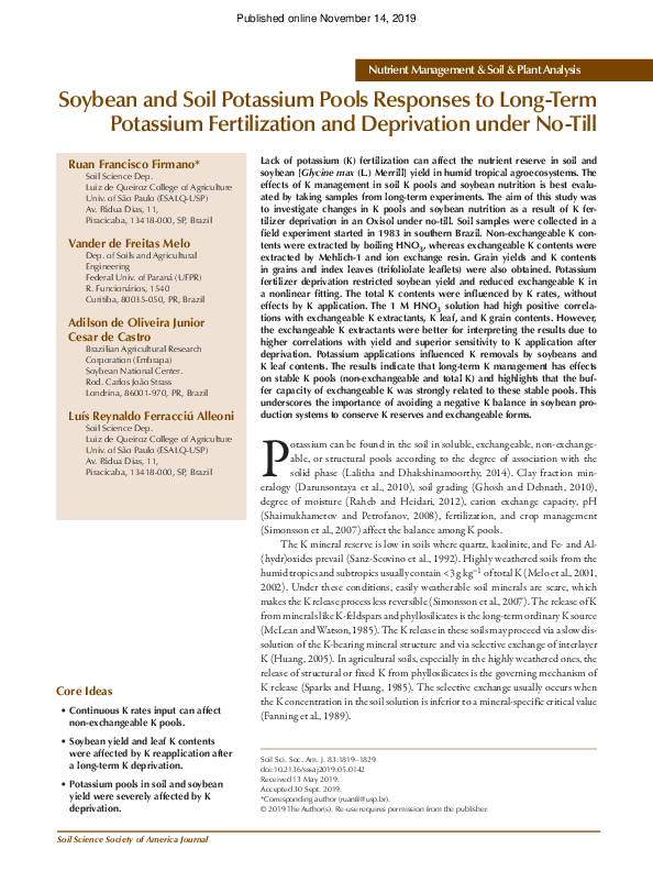 (PDF) Soybean and Soil Potassium Pools Responses to Long‐Term Potassium ...
