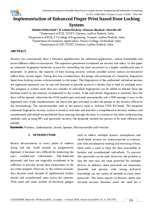 (PDF) Implementation of Enhanced Finger Print based Door Locking System