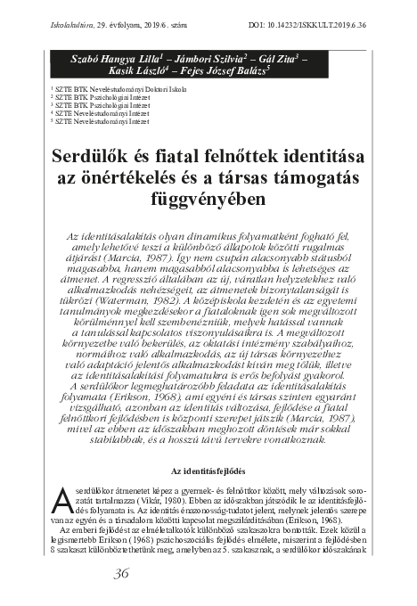 (PDF) Serdülők és fiatal felnőttek identitása az önértékelés és a társas támogatás függvényében