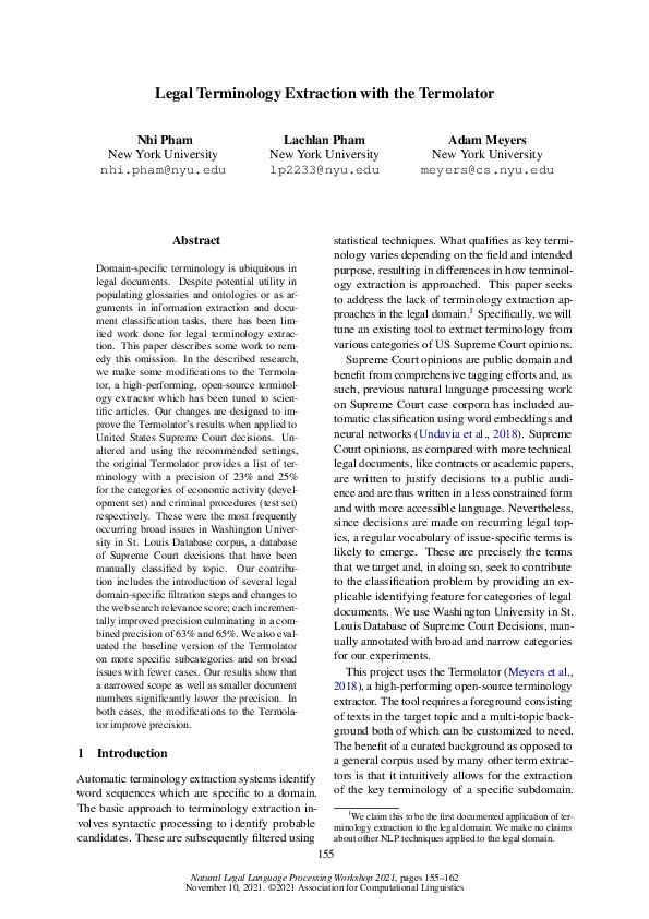 Pdf Legal Terminology Extraction With The Termolator