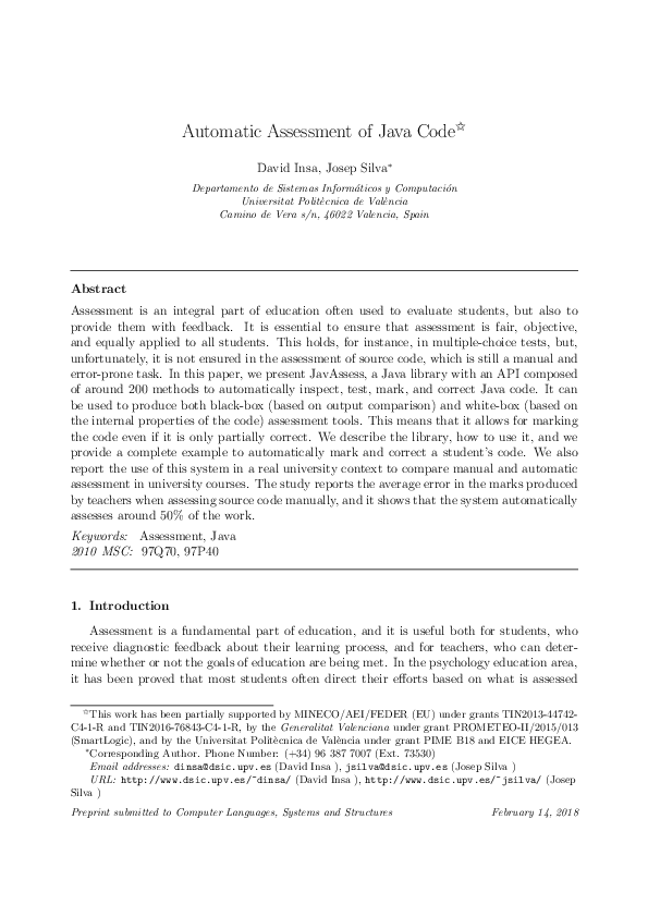 Pdf Automatic Assessment Of Java Code
