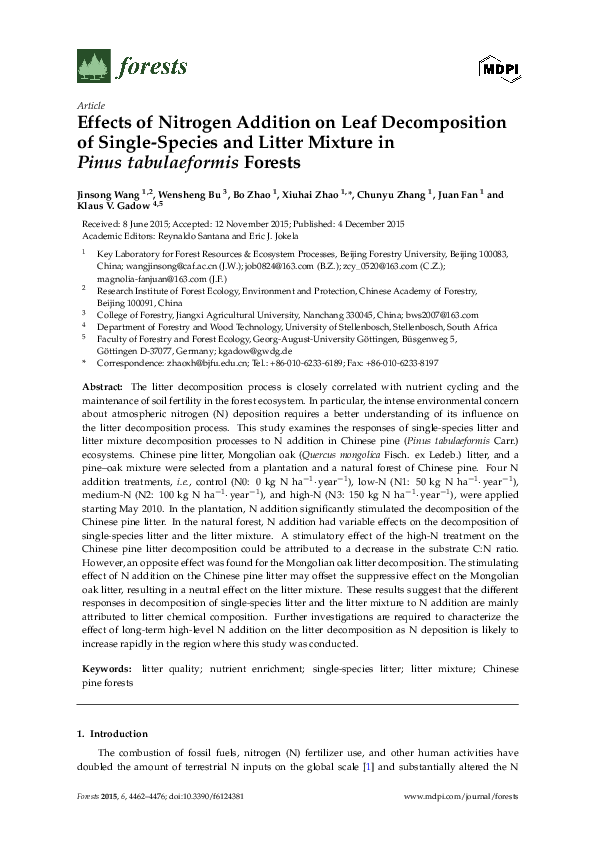 (PDF) Effects of Nitrogen Addition on Leaf Decomposition of Single ...