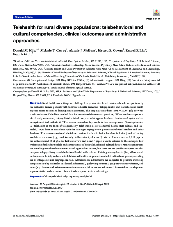 (PDF) Telehealth for rural diverse populations: telebehavioral and cultural competencies ...