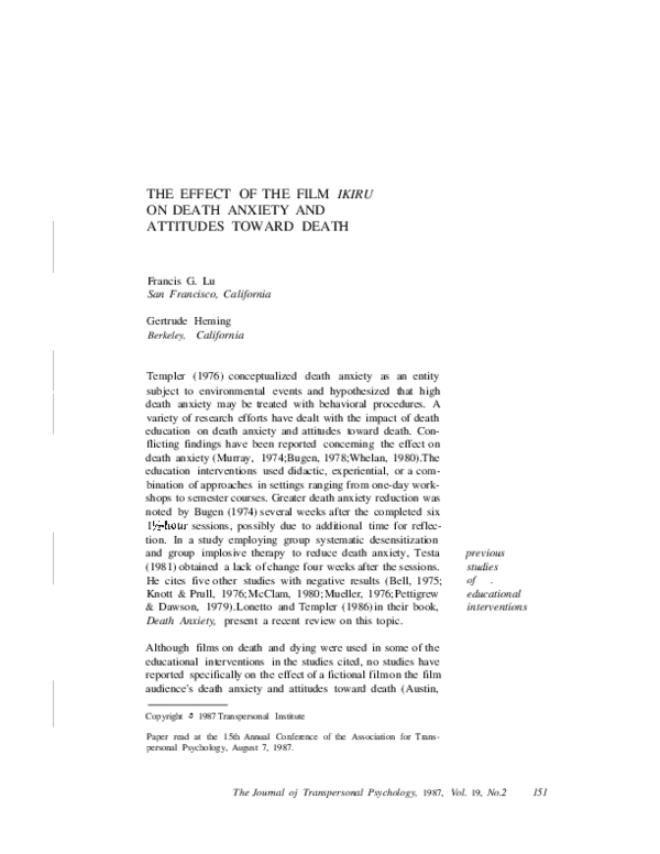 (PDF) The effect of the film Ikiru on death anxiety and attitudes ...