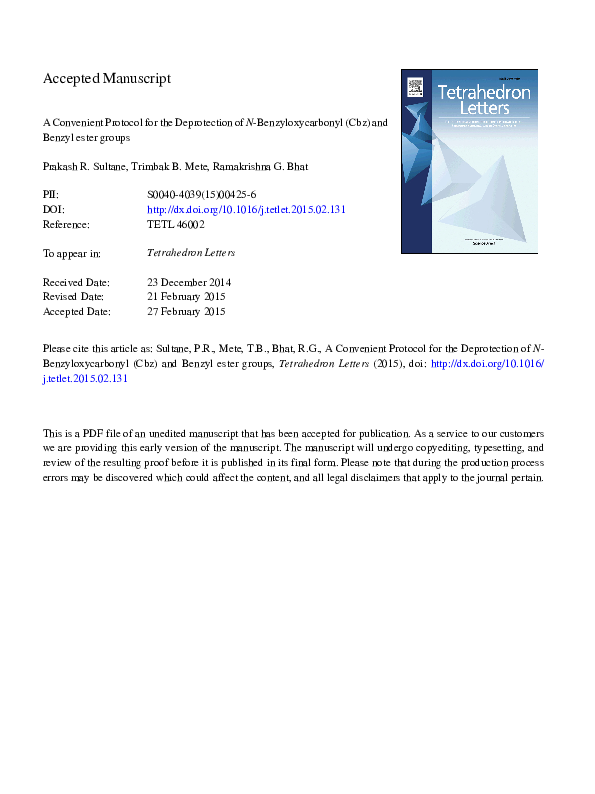 (PDF) A convenient protocol for the deprotection of N-benzyloxycarbonyl ...