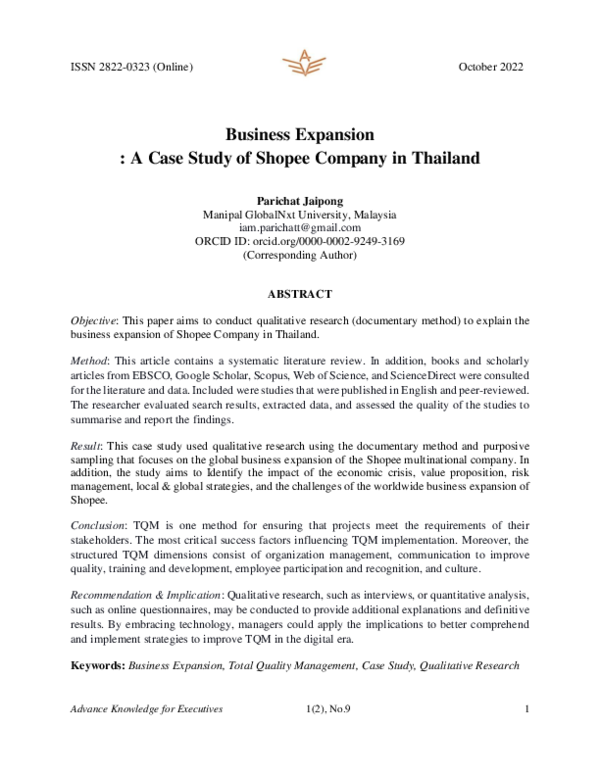 (PDF) Business Expansion : A Case Study of Shopee Company in Thailand