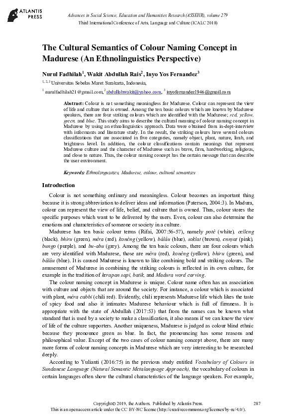 (PDF) The Cultural Semantics of Color Naming Concept in Madurese (An ...