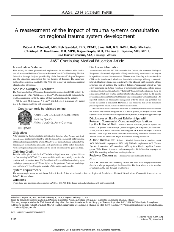 (PDF) A reassessment of the impact of trauma systems consultation on ...