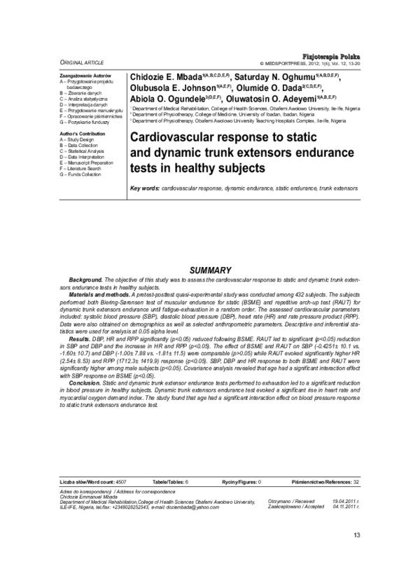 (PDF) Cardiovascular response to static and dynamic trunk extensors ...