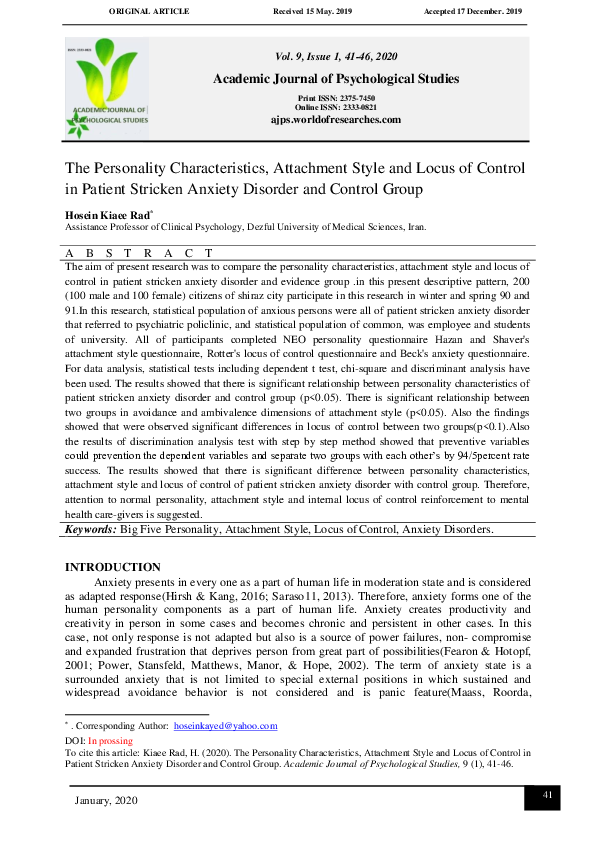 (PDF) The Personality Characteristics, Attachment Style and Locus of ...