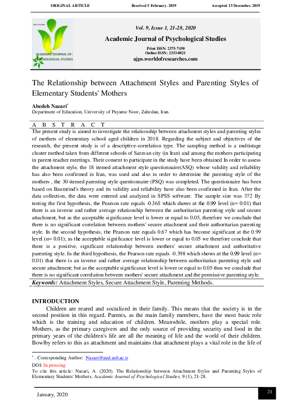 (PDF) The Relationship between Attachment Styles and Parenting Styles of Elementary Students ...