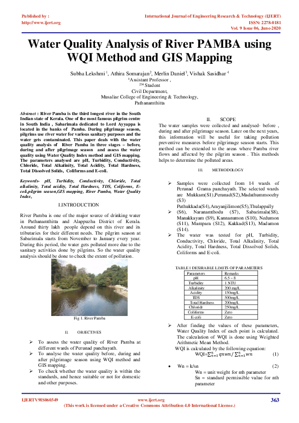 (PDF) Water Quality Analysis of River PAMBA using WQI Method and GIS Mapping
