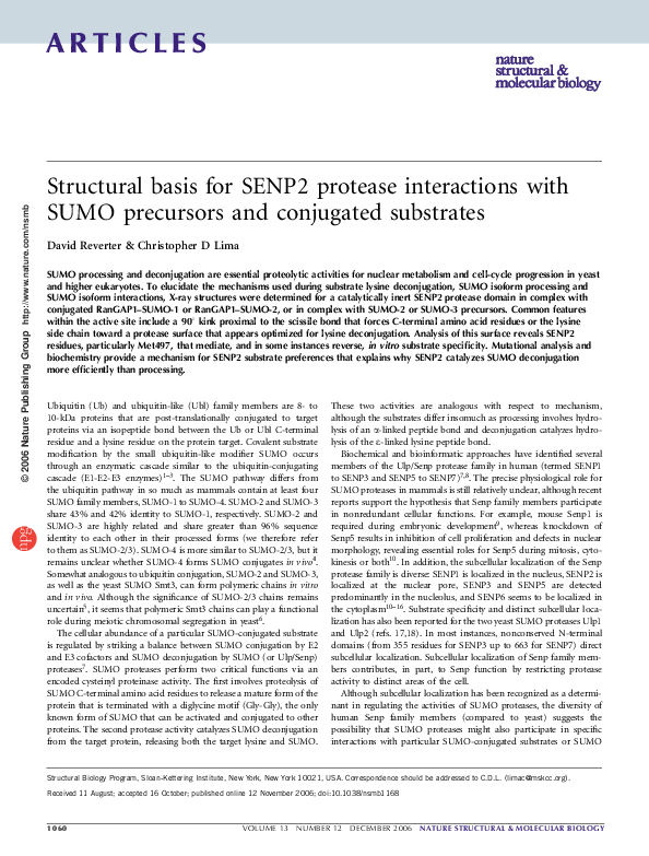 (PDF) Structural basis for SENP2 protease interactions with SUMO ...