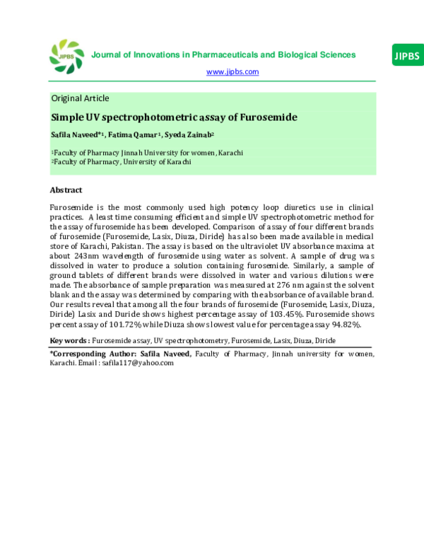 (PDF) Simple UV Spectrophotometric Assay Of Furosemide