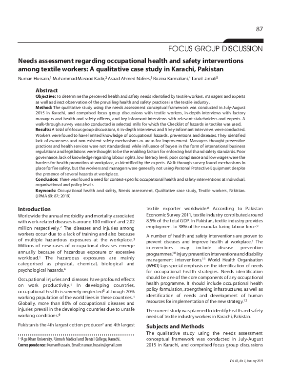 (PDF) Needs assessment regarding occupational health and safety interventions among textile ...