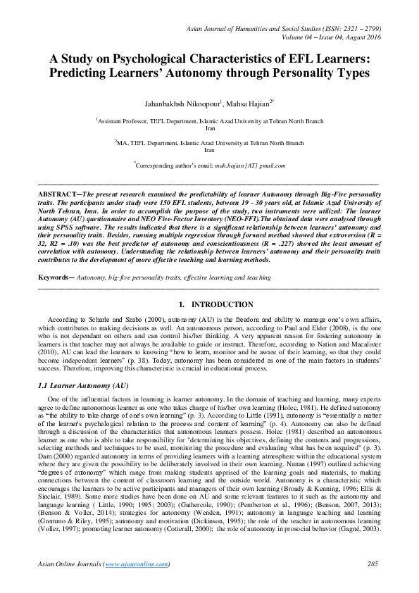 (PDF) A Study on Psychological Characteristics of EFL Learners: Predicting Learners’ Autonomy ...