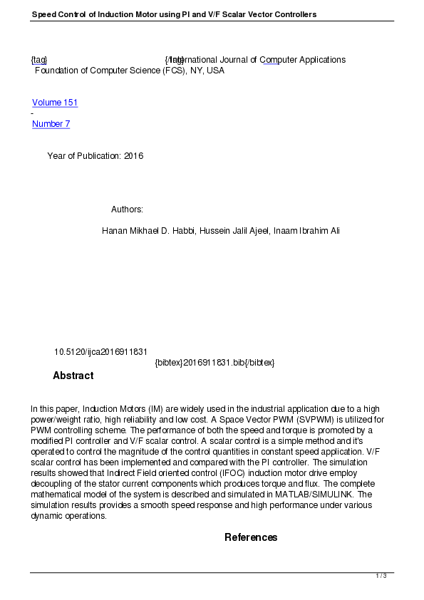 Pdf Speed Control Of Induction Motor Using Pi And Vf Scalar Vector Controllers