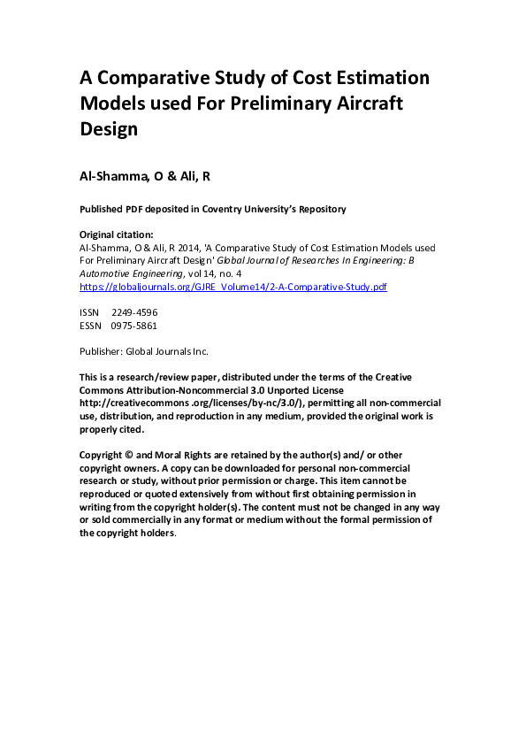 (PDF) A Comparative Study of Cost Estimation Models used For Preliminary Aircraft Design