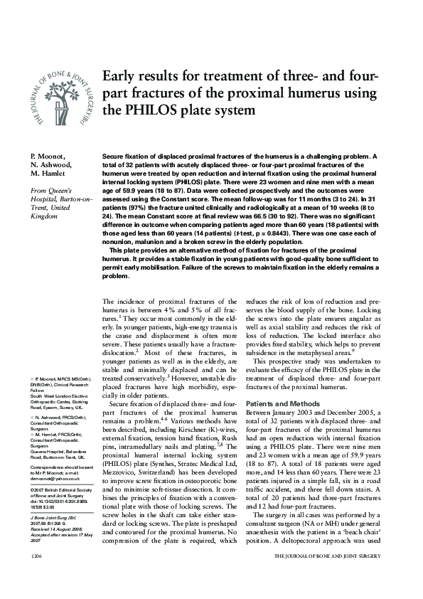 (PDF) Early results for treatment of three- and four-part fractures of the proximal humerus ...