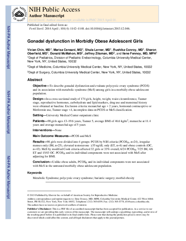 (PDF) Gonadal dysfunction in morbidly obese adolescent girls