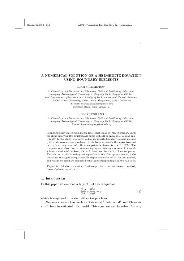 Pdf A Numerical Solution Of A Helmholtz Equation Usingboundary Elements